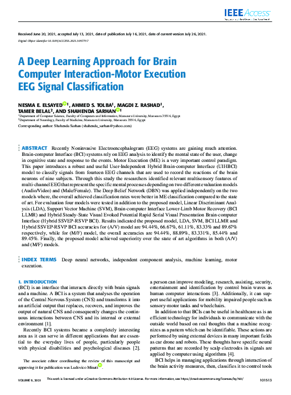 Pdf A Deep Learning Approach For Brain Computer Interaction Motor Execution Eeg Signal