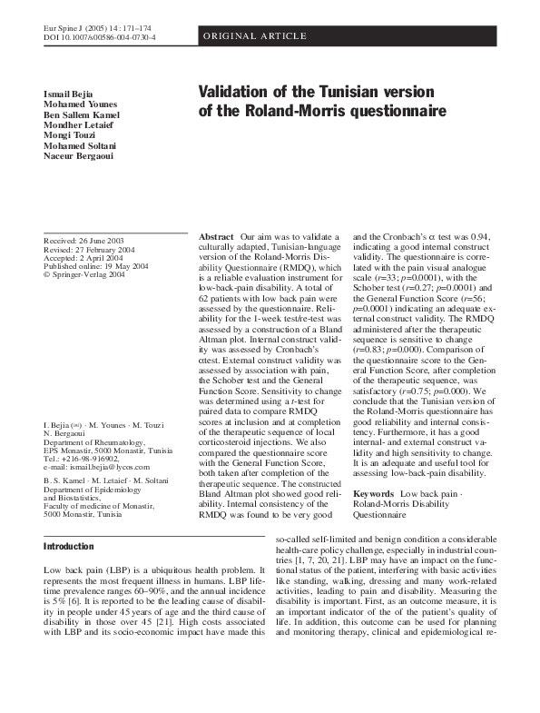 (PDF) Validation of the Tunisian version of the Roland-Morris questionnaire