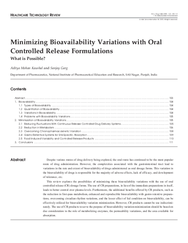 Pdf Minimizing Bioavailability Variations With Oral Controlled Release Formulations Sanjay