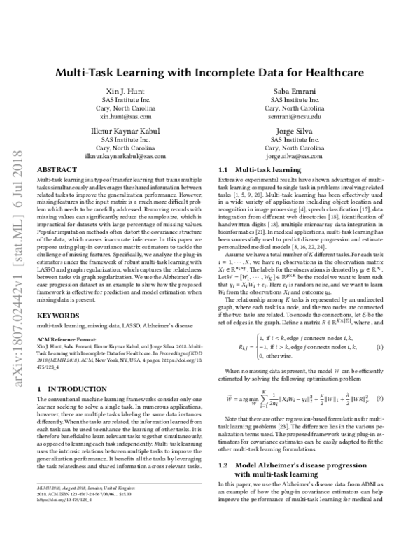 (PDF) Multi-Task Learning with Incomplete Data for Healthcare | Ilknur ... (PDF) Multi-Task Learning with Incomplete Data for Healthcare | Ilknur ...