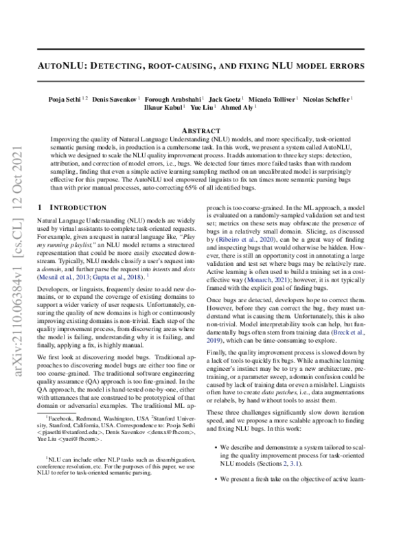 (PDF) AutoNLU: Detecting, root-causing, and fixing NLU model errors | Ilknur Kabul - Academia.edu