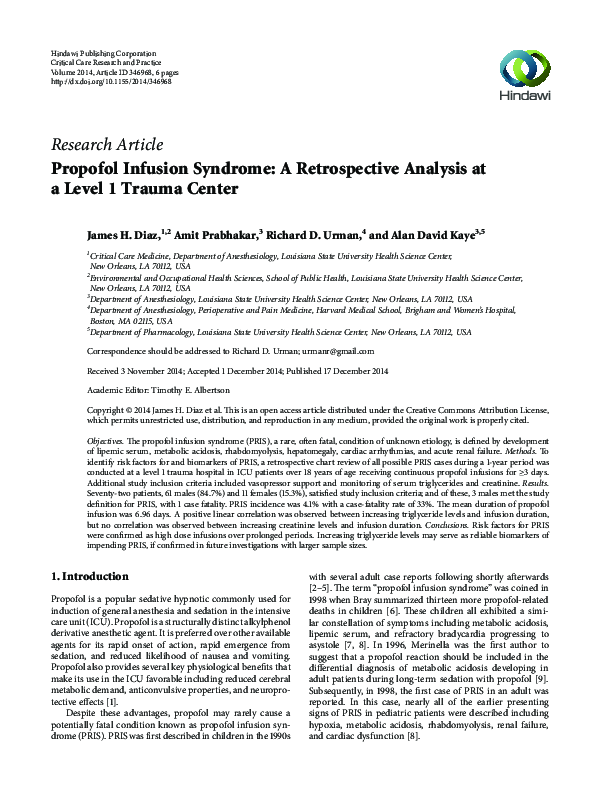 (PDF) Propofol infusion syndrome: a retrospective analysis at a level 1 trauma center