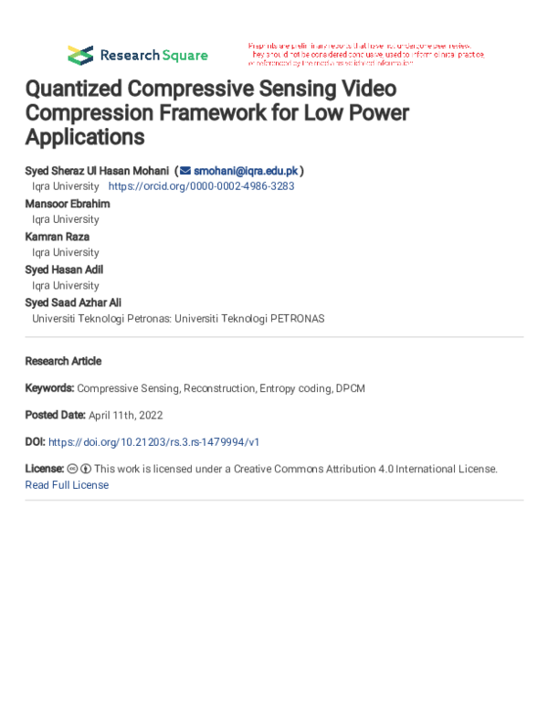 (PDF) Quantized Compressive Sensing Video Compression Framework for Low Power Applications