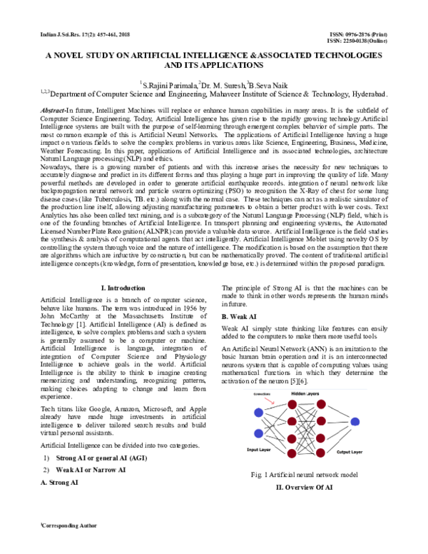 (PDF) A Novel Study on Artificial Intelligence &Associated Technologies and Its Applications
