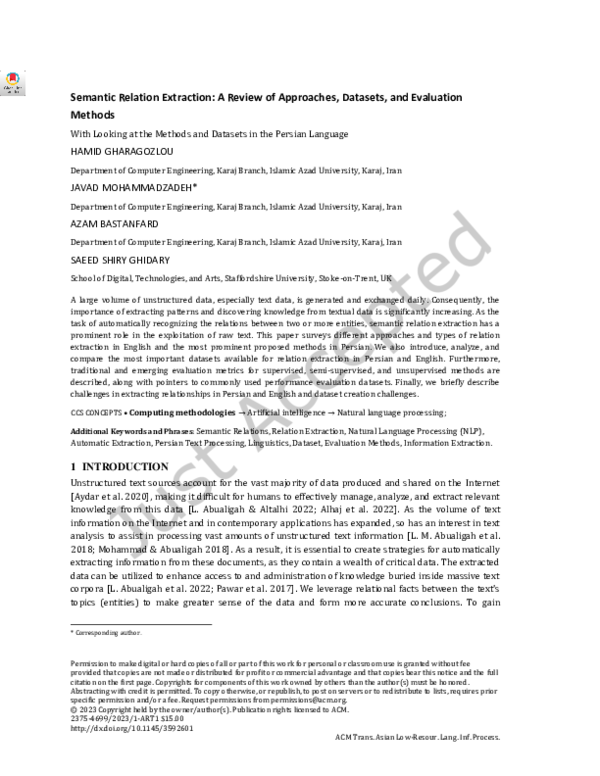 (PDF) Semantic Relation Extraction: A Review of Approaches, Datasets, and Evaluation Methods