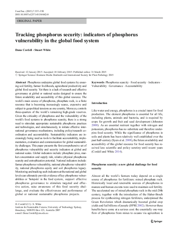 (PDF) Tracking phosphorus security: indicators of phosphorus ...