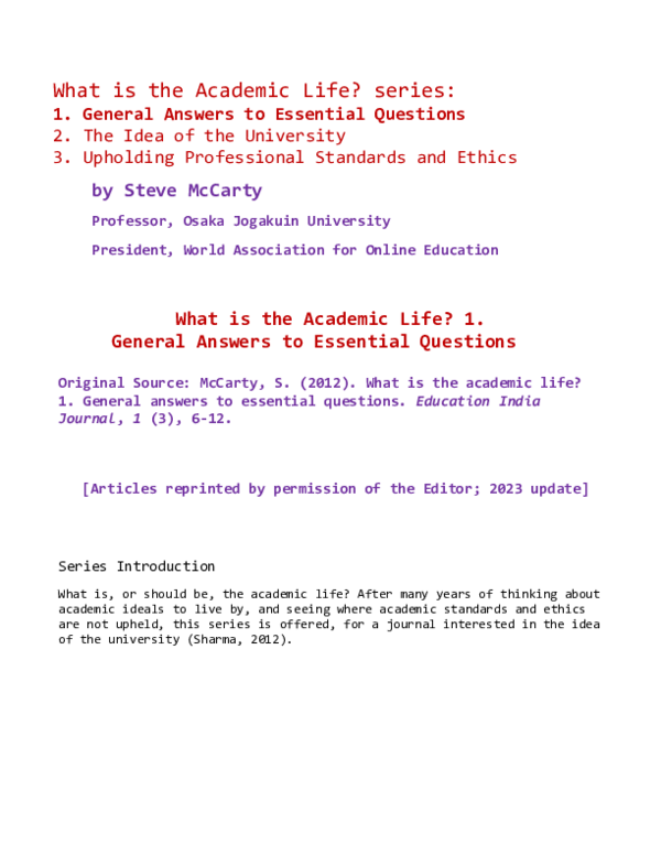 (PDF) What is the Academic Life? 1. General Answers to Essential Questions