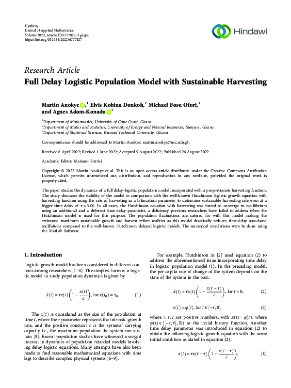 Pdf Full Delay Logistic Population Model With Sustainable Harvesting