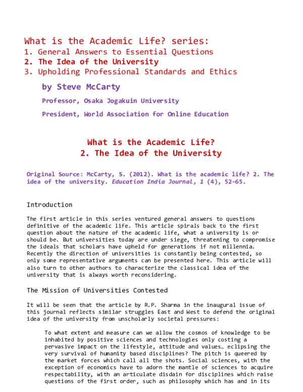 (PDF) What is the Academic Life? 2. The Idea of the University