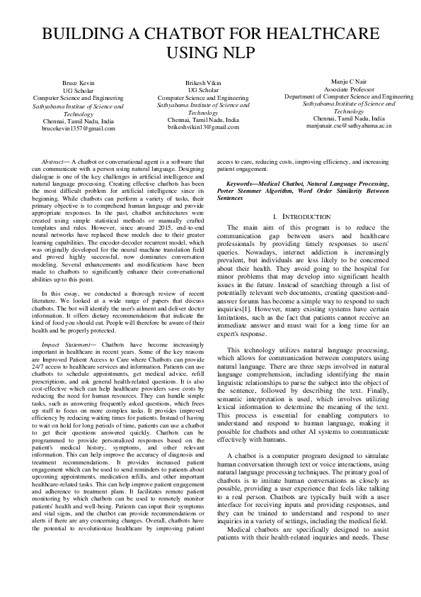 (PDF) Building a Chatbot for Healthcare Using NLP
