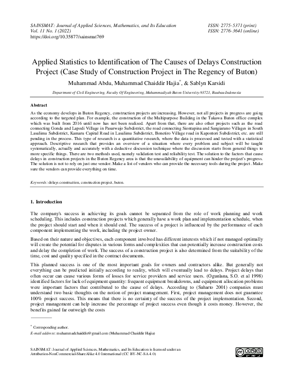 (PDF) Applied Statistics to Identification of the Causes of Delays Construction Project (Case ...