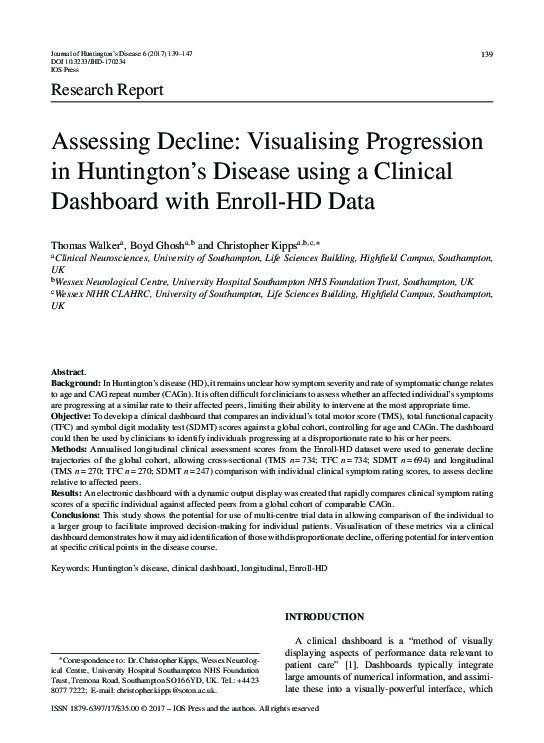 (PDF) Assessing Decline: Visualising Progression in Huntington's Disease using a Clinical ...