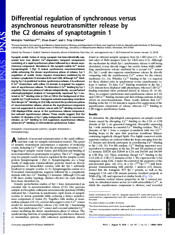(PDF) Differential regulation of synchronous versus asynchronous neurotransmitter release by the ...