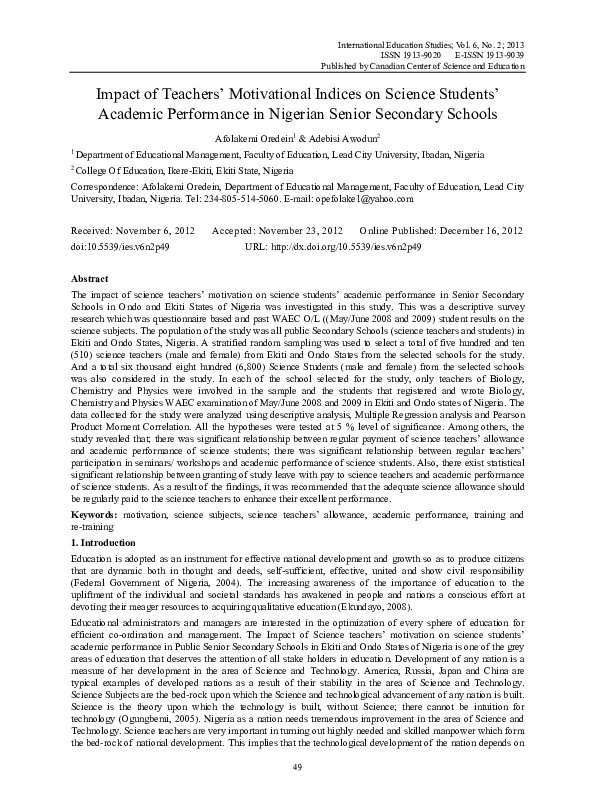 (PDF) Impact of Teachers’ Motivational Indices on Science Students’ Academic Performance in ...