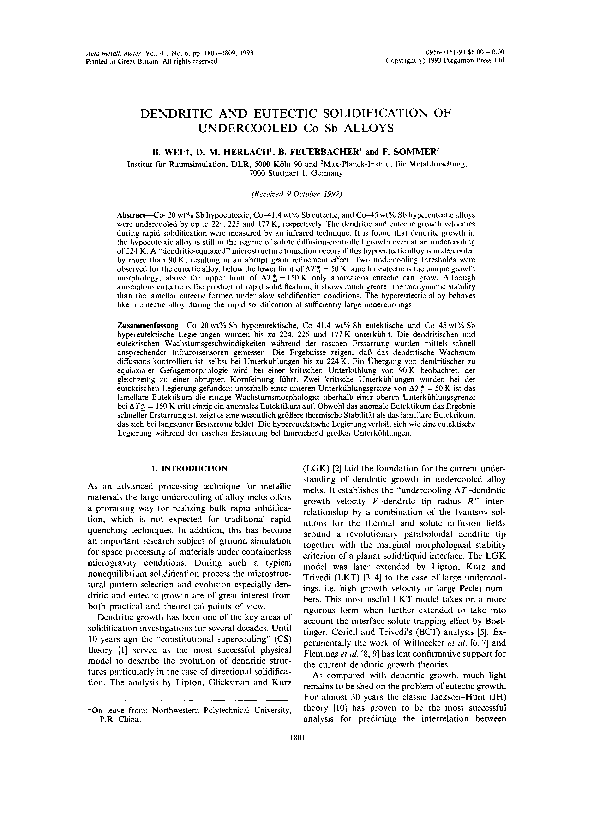 Pdf Dendritic And Eutectic Solidification Of Undercooled Co Sb Alloys
