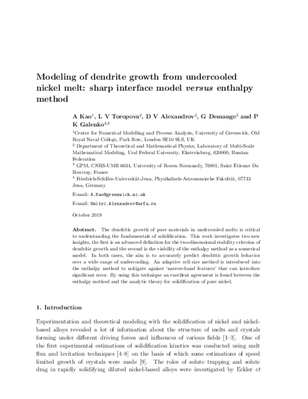 (PDF) Modeling of dendrite growth from undercooled nickel melt: sharp ...