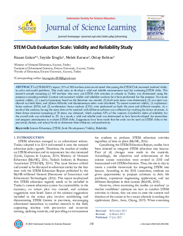 (PDF) STEM Club Evaluation Scale: Validity and Reliability Study (PDF) STEM Club Evaluation Scale: Validity and Reliability Study
