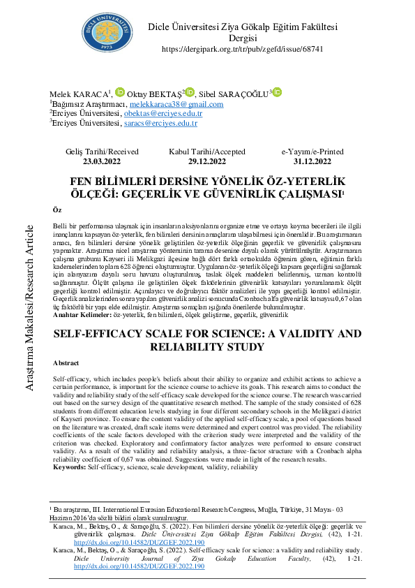 (PDF) Self-Efficacy Scale For Science: A Validity and Reliability Study