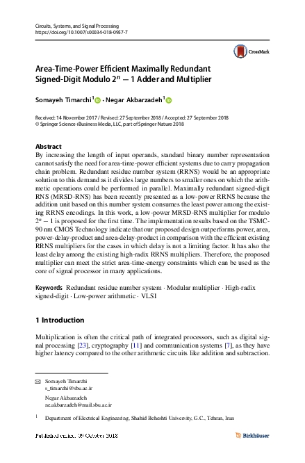 Pdf Area Time Power Efficient Maximally Redundant Signed Digit Modulo 2n − 1 Adder And Multiplier