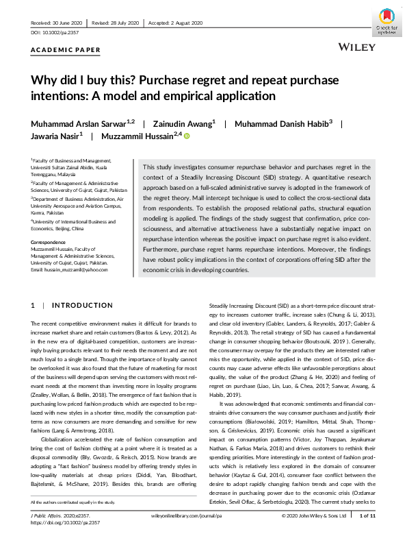 (PDF) Why did I buy this? Purchase regret and repeat purchase ...