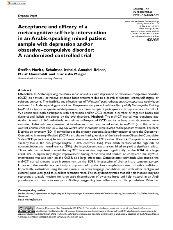 (PDF) Acceptance and efficacy of a metacognitive self-help intervention in an Arabic-speaking ...