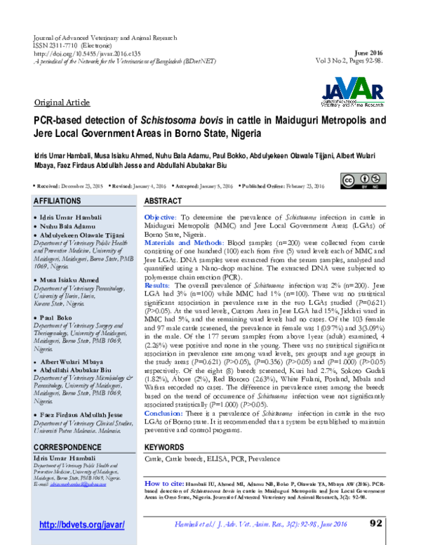 (PDF) PCR-based detection of Schistosoma bovis in cattle in Maiduguri ...