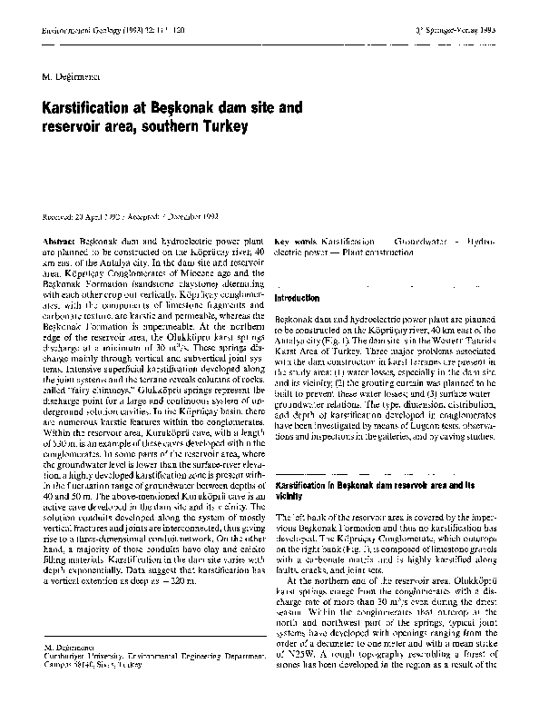 (PDF) Karstification at Beşkonak dam site and reservoir area, southern ...