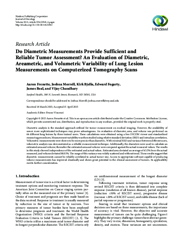 (PDF) Do Diametric Measurements Provide Sufficient and Reliable Tumor ...