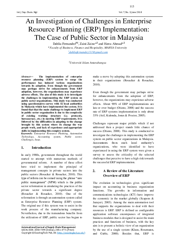(PDF) An Investigation of Challenges in Enterprise Resource Planning (ERP) Implementation: The ...