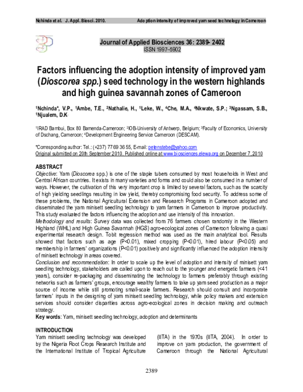 (PDF) Factors influencing the adoption intensity of improved yam (Dioscorea spp.) seed ...