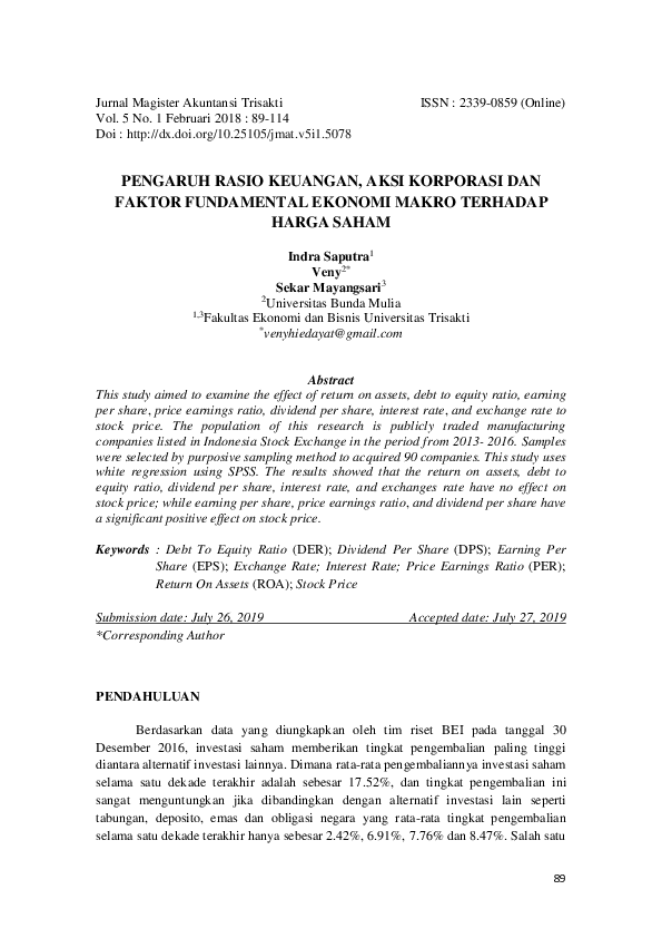 (PDF) Pengaruh Rasio Keuangan, Aksi Korporasi Dan Faktor Fundamental Ekonomi Makro Terhadap ...