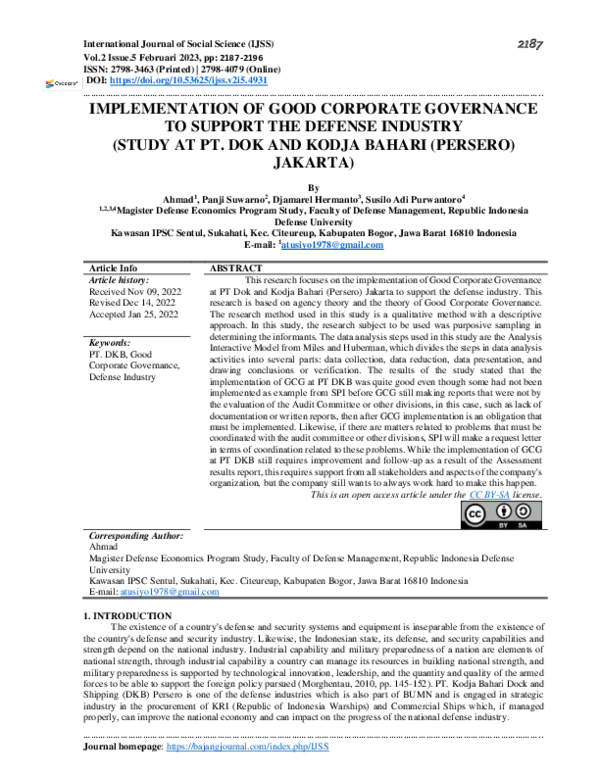 (PDF) Implementation of Good Corporate Governance to Support the Defense Industry