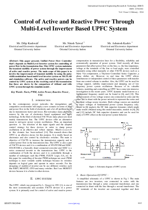 (PDF) Control of Active and Reactive Power Through Multi-Level Inverter Based UPFC System