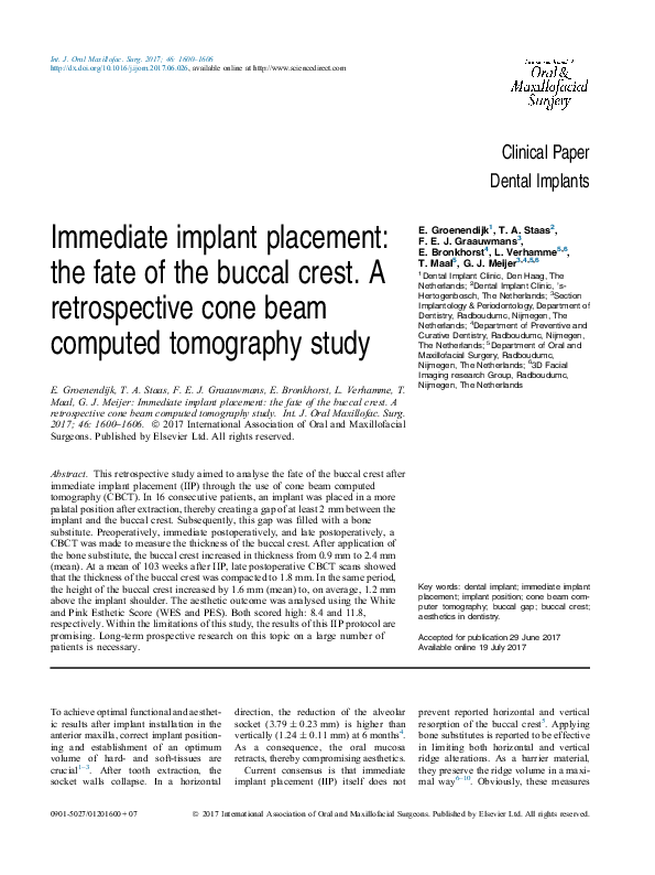 (PDF) Immediate implant placement: the fate of the buccal crest. A retrospective cone beam ...