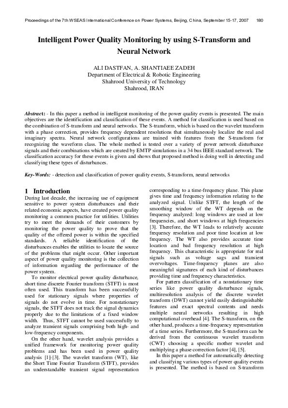 (PDF) Intelligent Power Quality Monitoring by using S-Transform and Neural Network