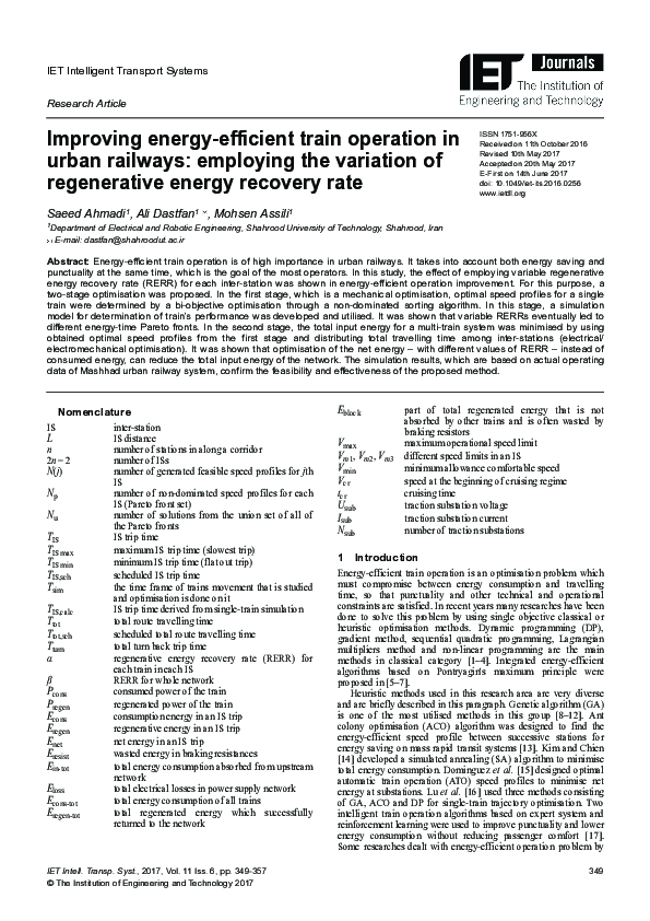 (PDF) Improving energy‐efficient train operation in urban railways ...