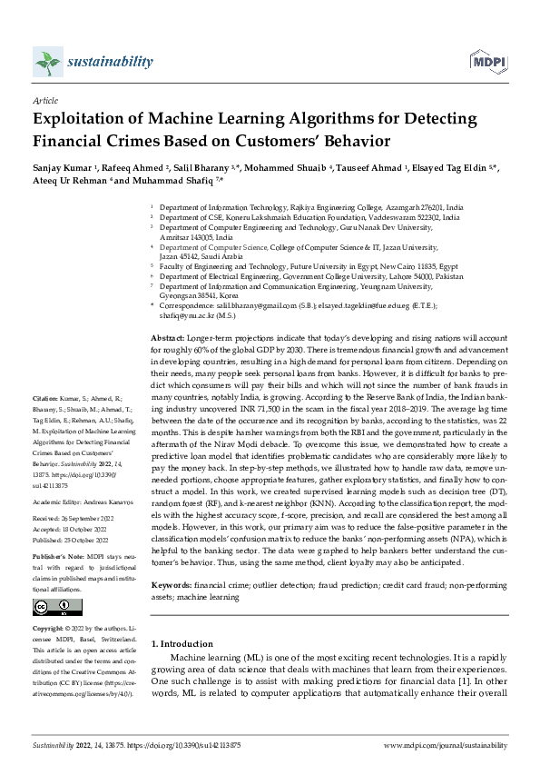 (PDF) Exploitation of Machine Learning Algorithms for Detecting Financial Crimes Based on ...