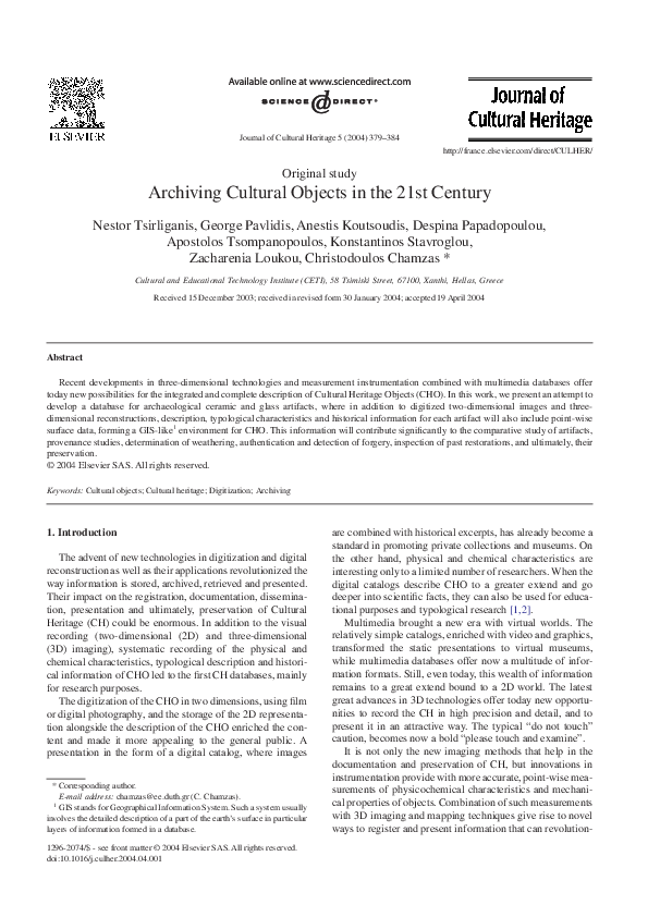 (PDF) Archiving Cultural Objects in the 21st Century