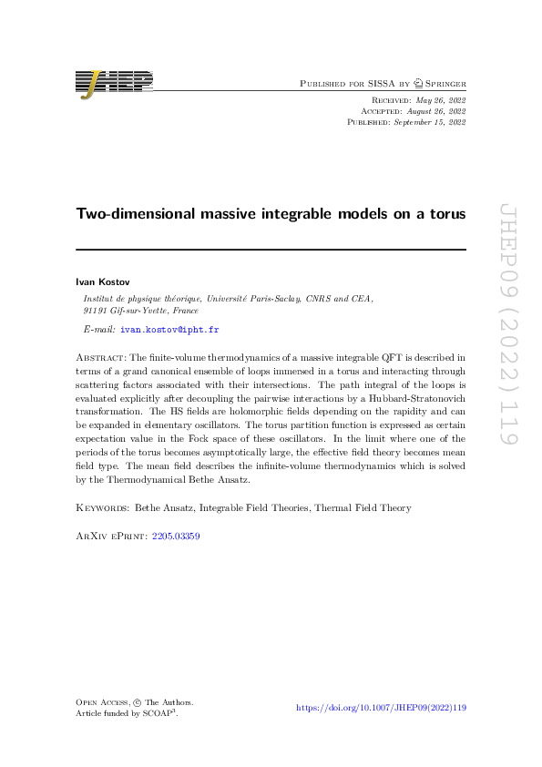 (PDF) Two-dimensional massive integrable models on a torus