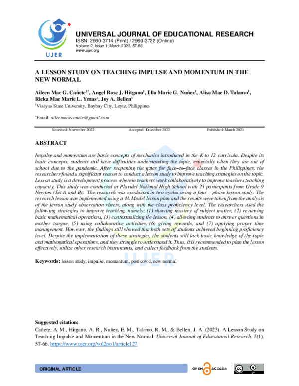 (PDF) A Lesson Study on Teaching Impulse and Momentum in the New Normal