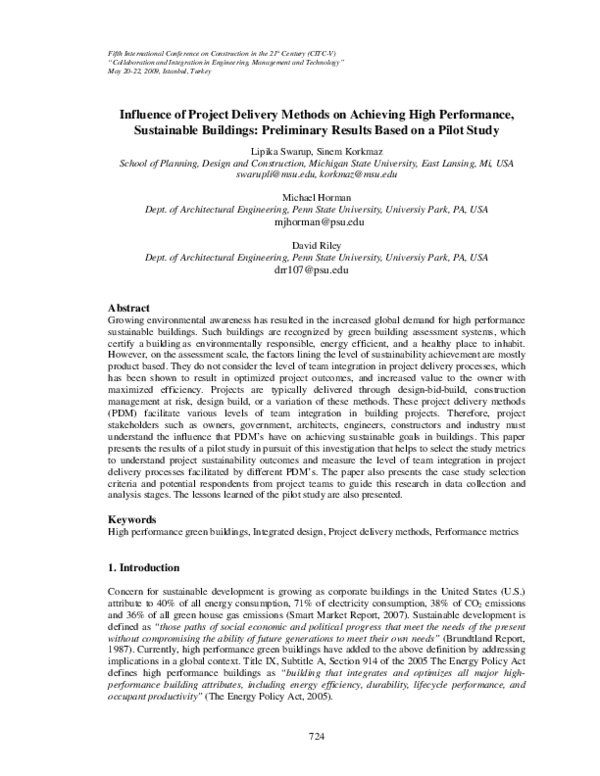 (PDF) Influence of project delivery methods on achieving sustainable high performance buildings