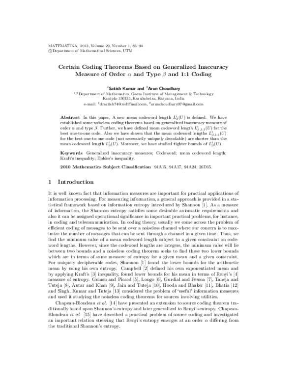 Pdf Certain Coding Theorems Based On Generalized Inaccuracy Measure Of Order Alpha And Type