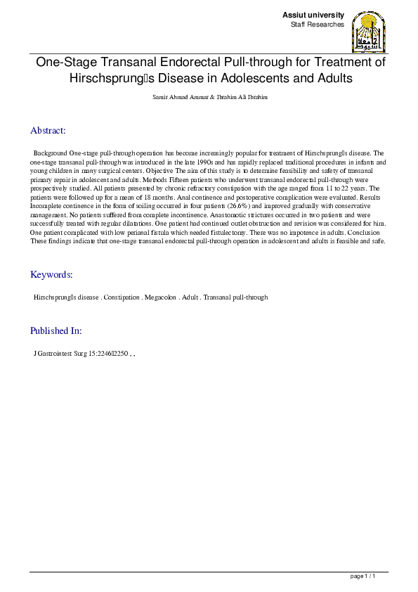 (PDF) One-Stage Transanal Endorectal Pull-through for Treatment of ...