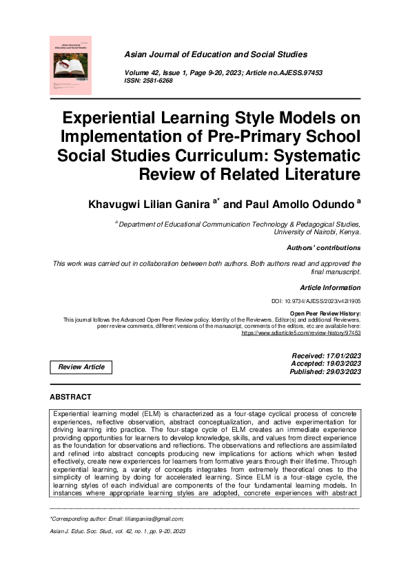 (PDF) Experiential Learning Style Models on Implementation of Pre-Primary School Social Studies ...