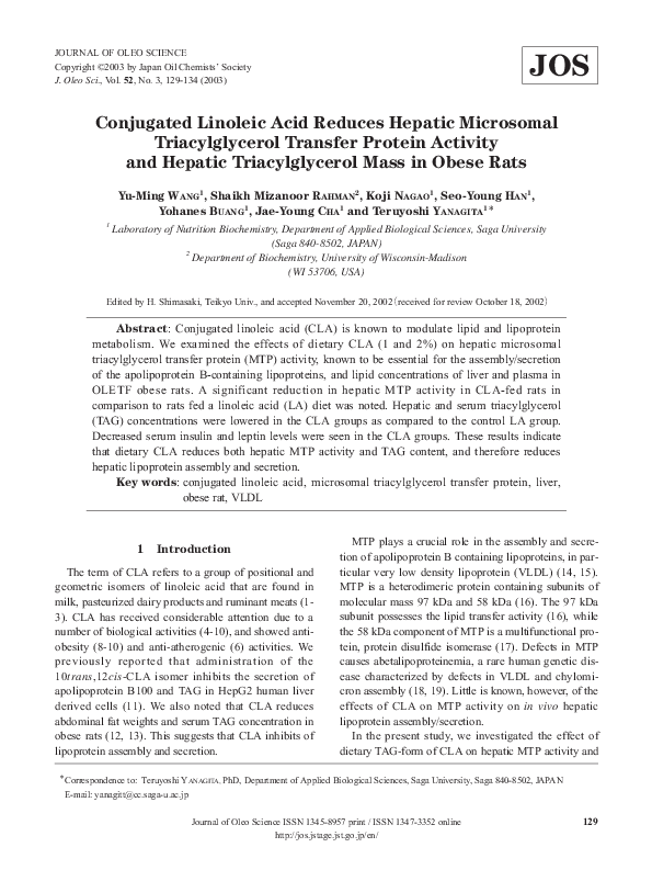 (PDF) Conjugated Linoleic Acid Reduces Hepatic Microsomal Triacylglycerol Transfer Protein ...