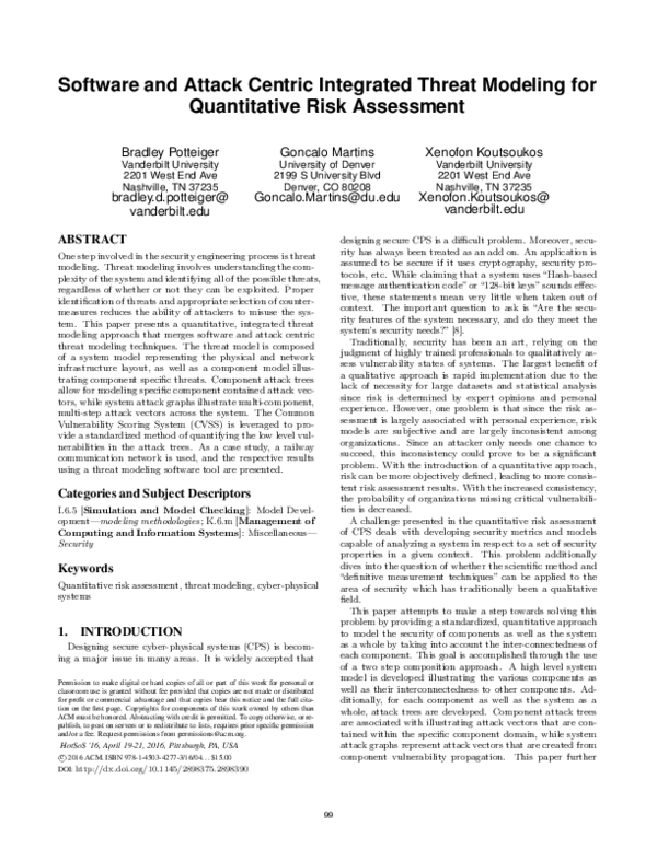 (PDF) Software and attack centric integrated threat modeling for quantitative risk assessment