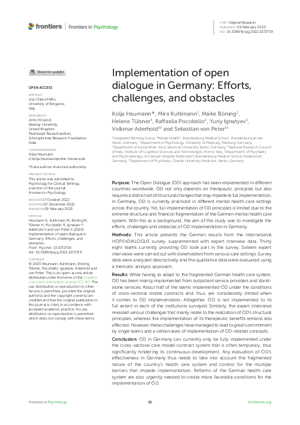 (PDF) Implementation of open dialogue in Germany: Efforts, challenges, and obstacles