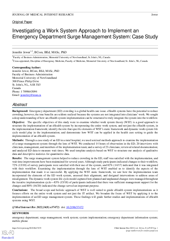 (PDF) Investigating a Work System Approach to Implement an Emergency ...