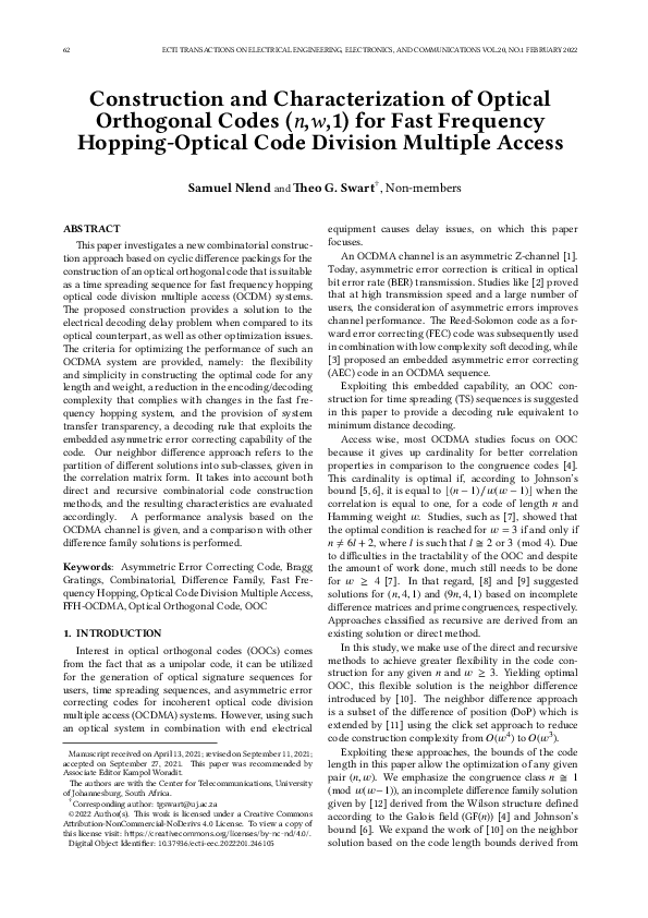 (PDF) Optical Orthogonal Codes for Fast OCDMA Systems