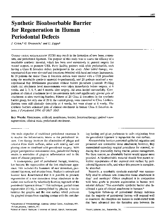 Synthetic Bioabsorbable Barrier for Regeneration in Human Periodontal ...